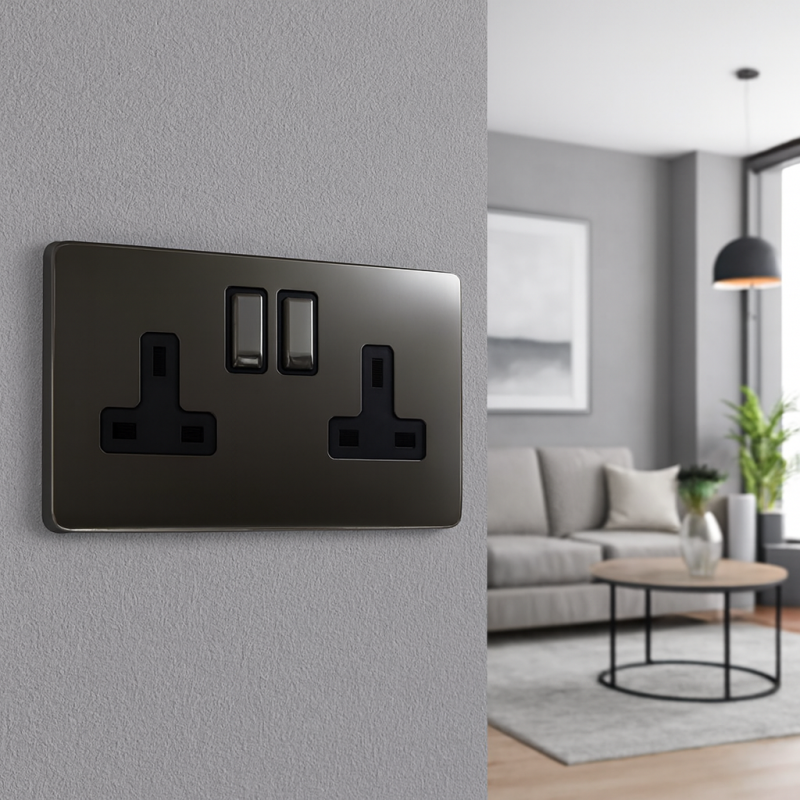 2 Gang DP 13 Amp Screwless Plug Socket Black Nickel